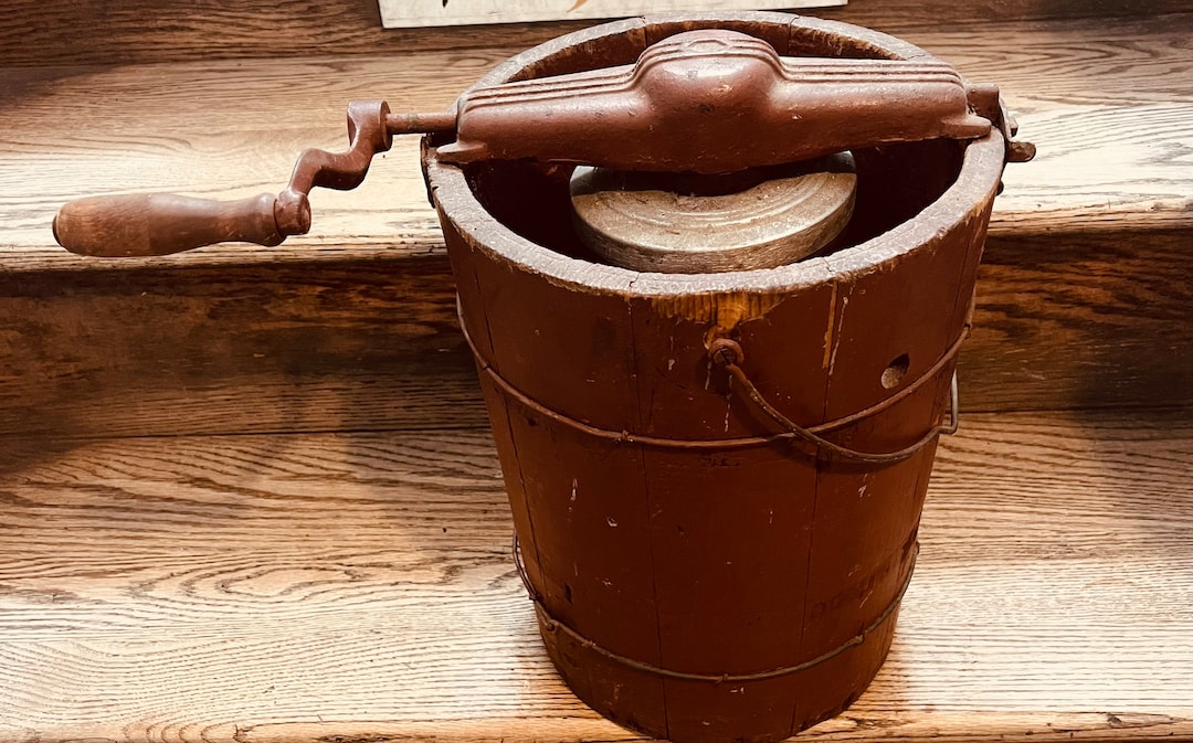 Antique Hand Churn Ice Cream Maker Wooden Primitives Freezer Crank ...