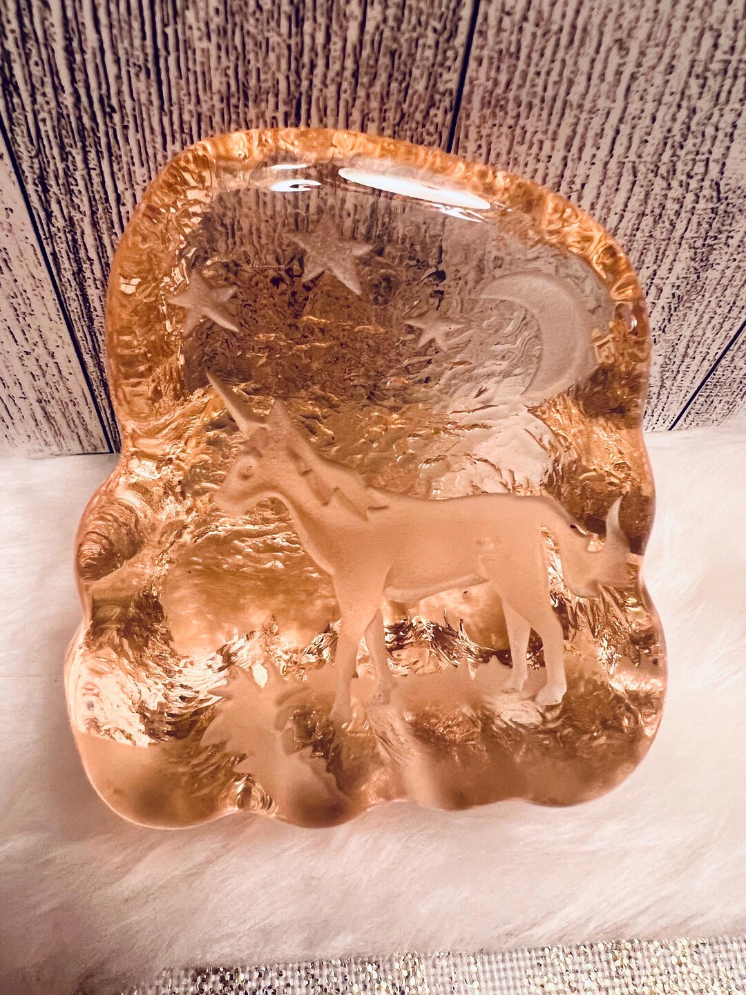 Unicorn Etched Art Glass Paperweight Pink Textured Sculpture Novelty ...