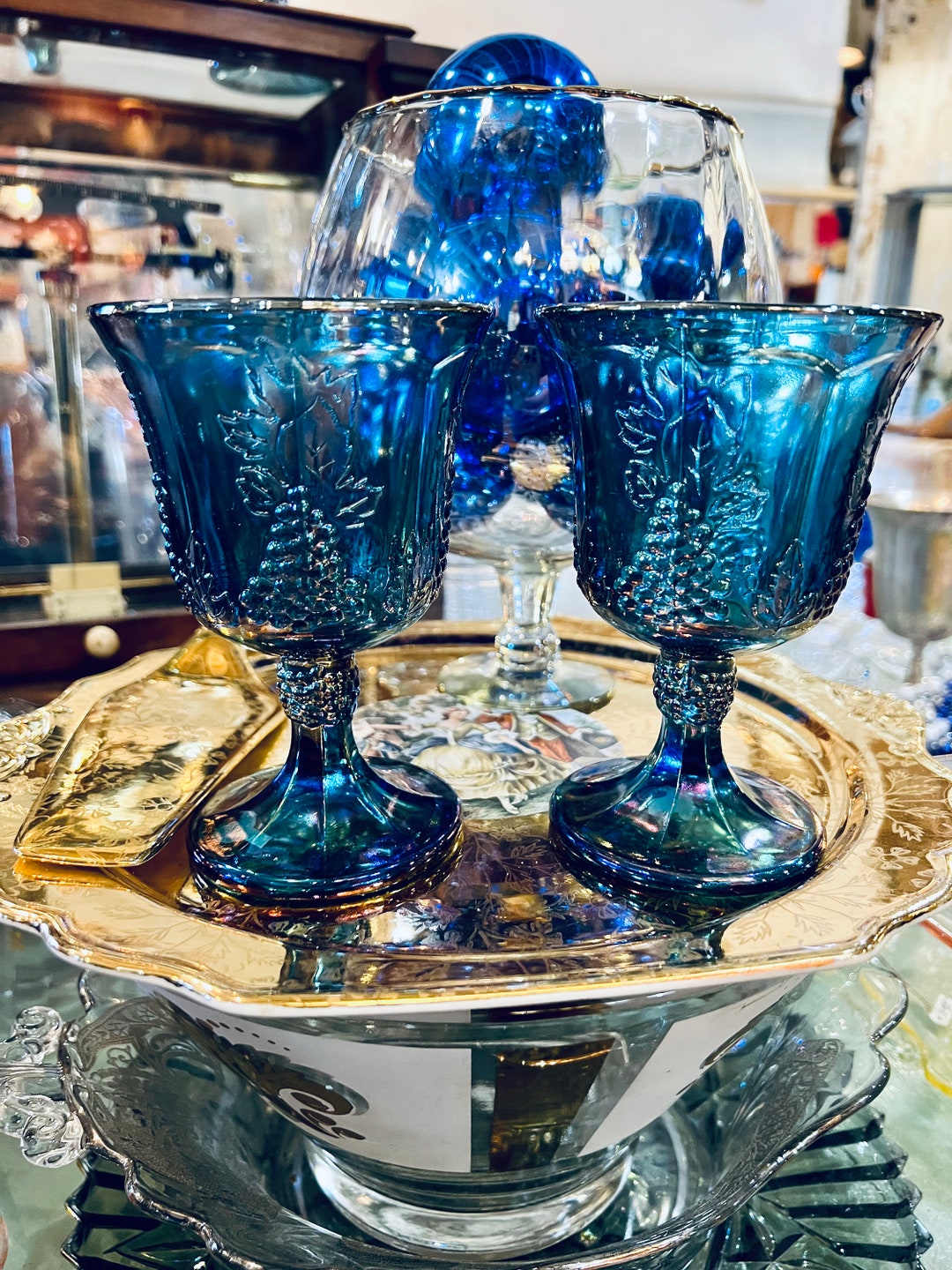 Vintage Carnival Glass Goblets Harvest Grape Indiana Glassware ...