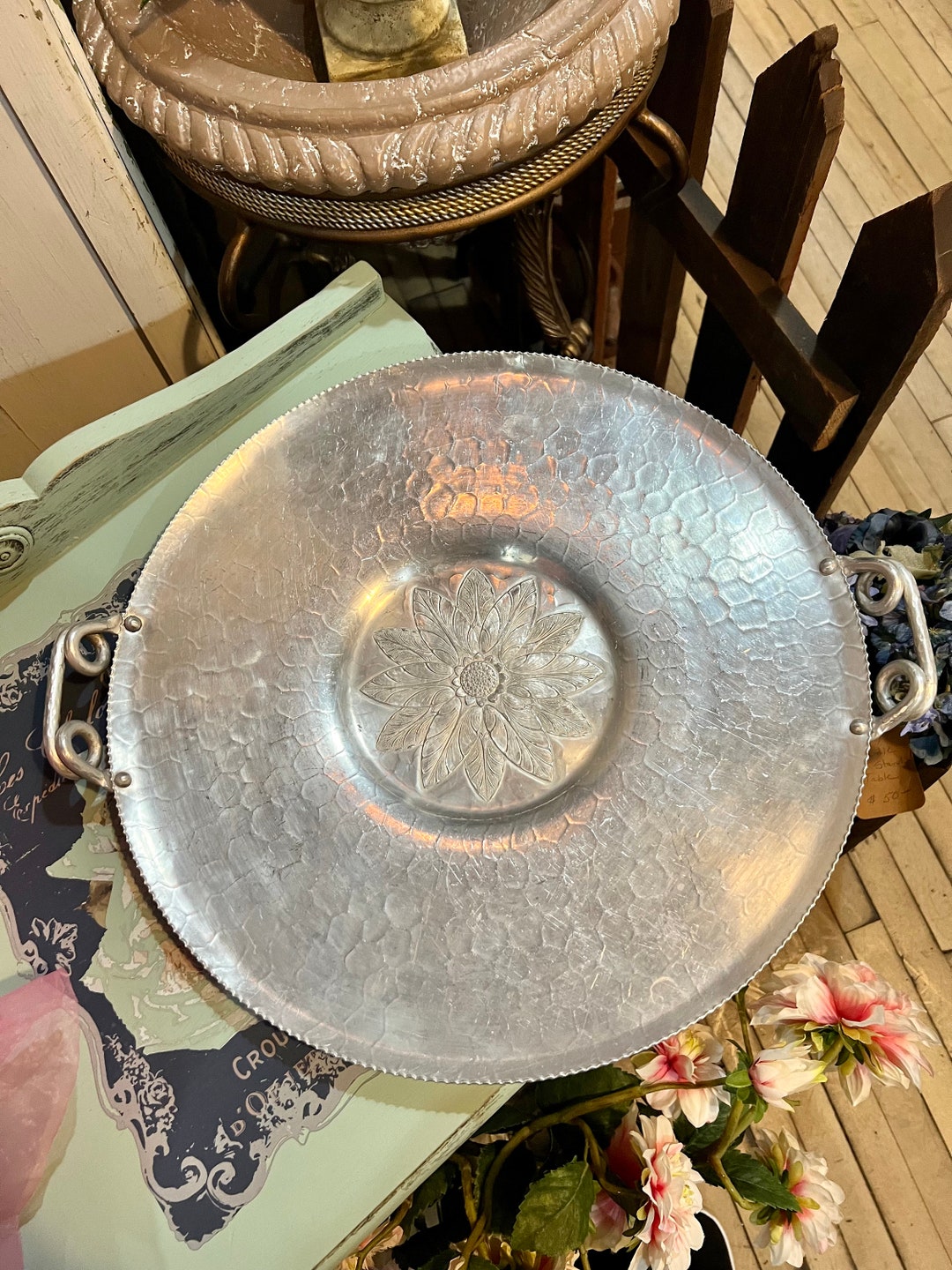 Hand Forged Aluminum Platter Large Round Flower Plate Metal Cup Cake ...