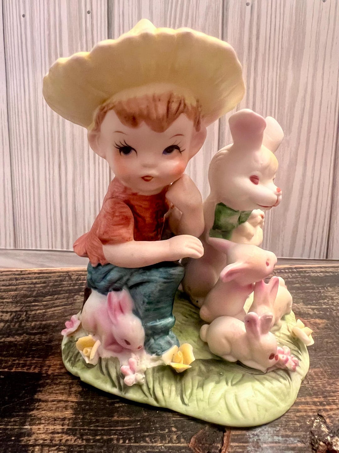 Vintage Lefton Boy With Bunnies Bunny Rabbits Porcelain Bisque Easter ...