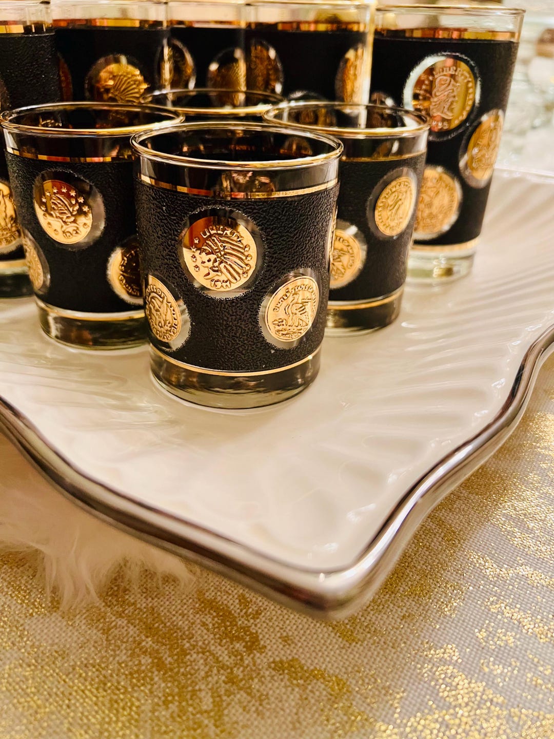 MCM Cocktail Glasses Libbey Coins Hi Balls Old Fashioned Black and Gold ...