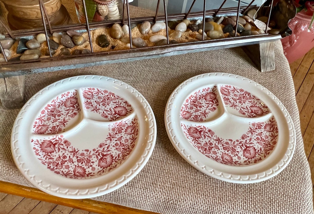 Syracuse China Divided Grill Plates Set Red Floral Pattern Plate ...
