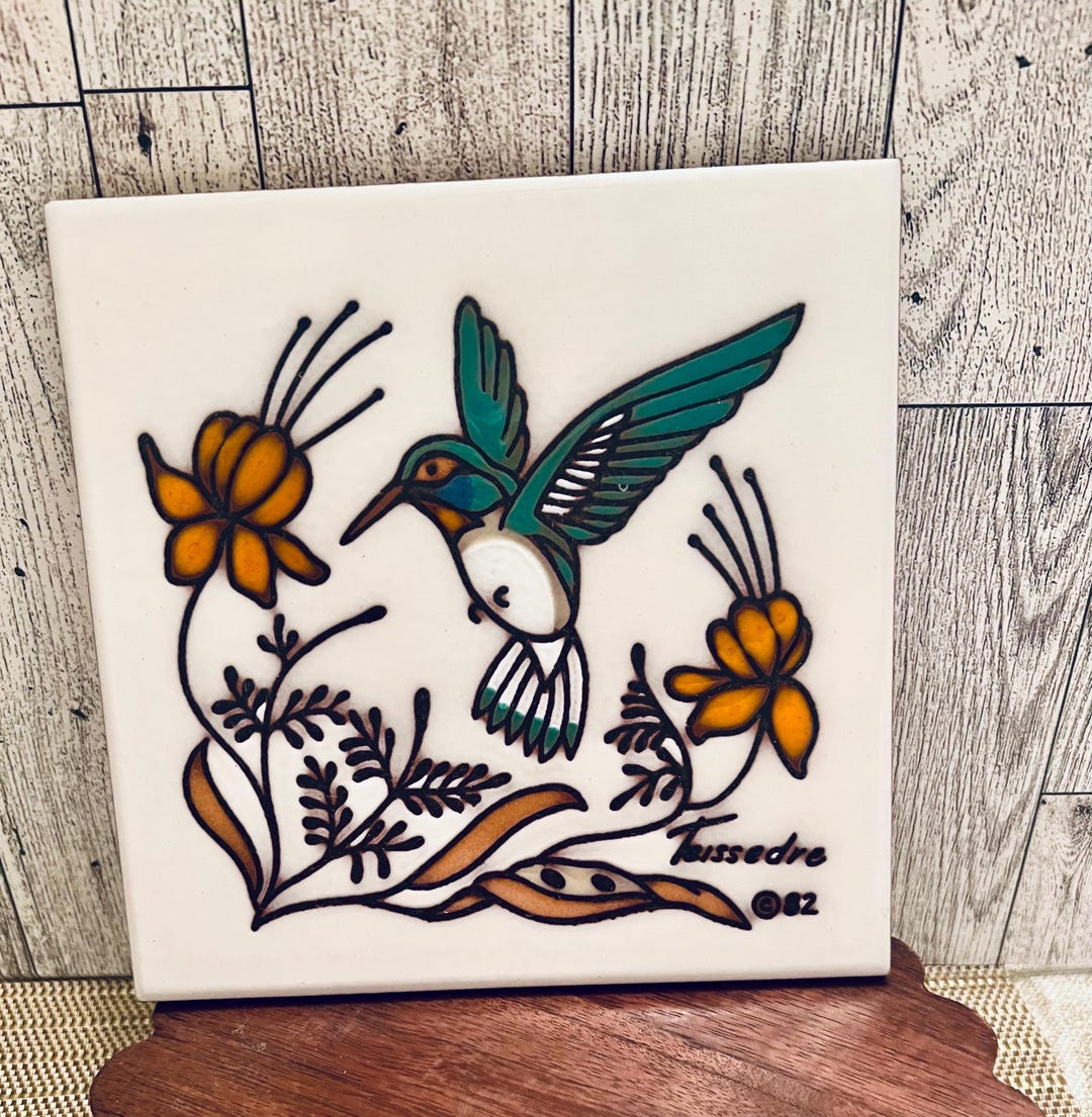 Vintage Art Tile Teissedre Hummingbird With Flowers Trivet Kitchen ...