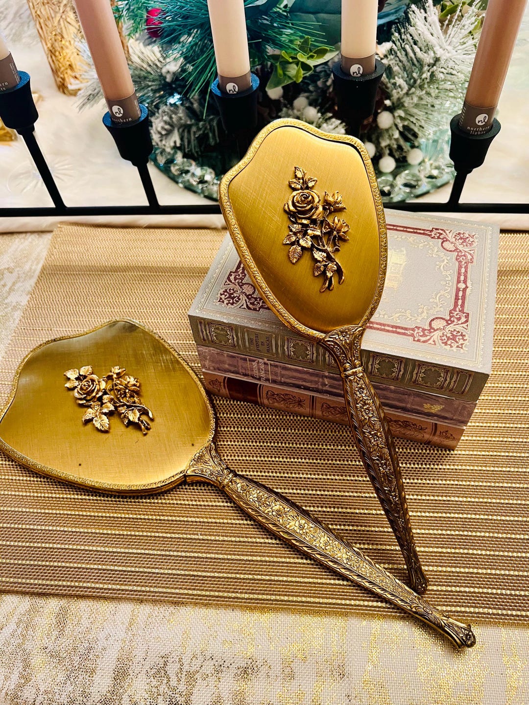 Gold Vanity Mirror and Brush Set Art Deco Hollywood Glam Heavy Ornate ...