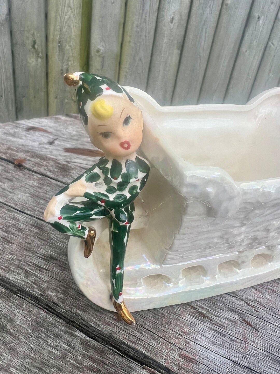 Vintage Lefton Pixie Elf Green Gold Planter Elves Holly and Berries ...