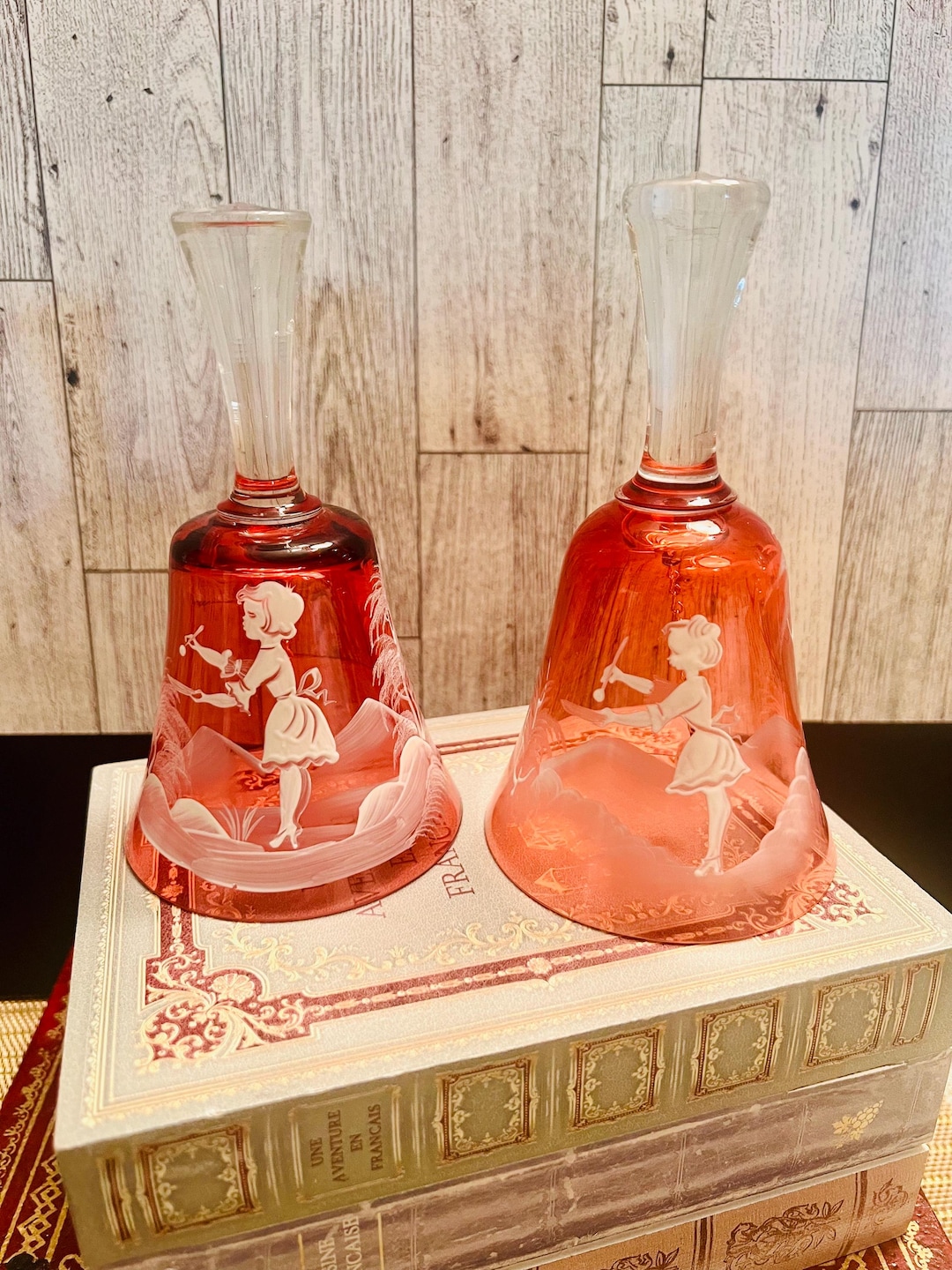 Mary Gregory Style Hand Painted Cranberry Glass Bells Pair Vintage Bell ...