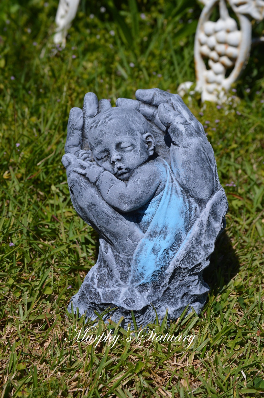Baby Boy in Hands Solid Concrete Statue Hand Painted Vintage Rustic ...