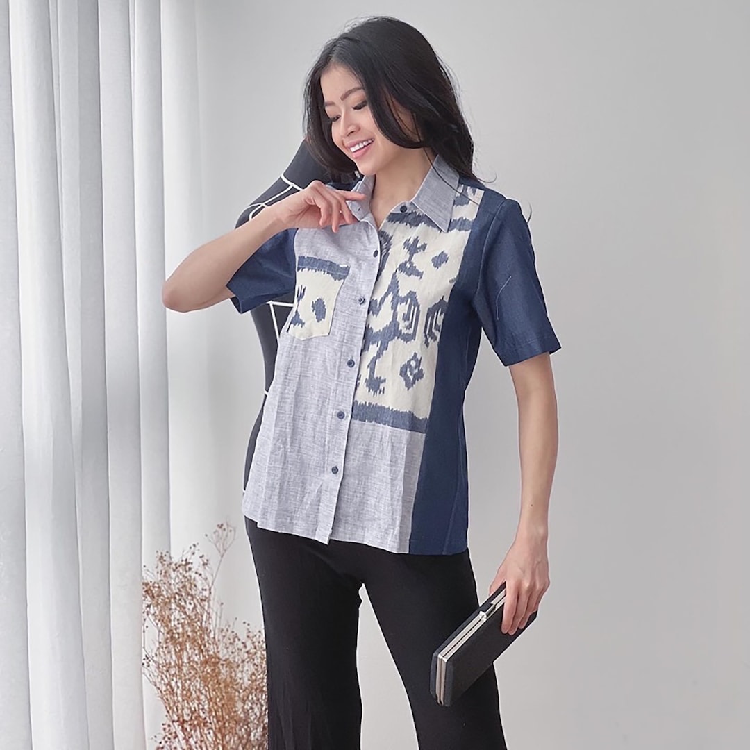 Khakinata Dima Top Short Sleeve Denim Linen Woven Shirt, Women Blouse, Readymade Blouse, Batik ...