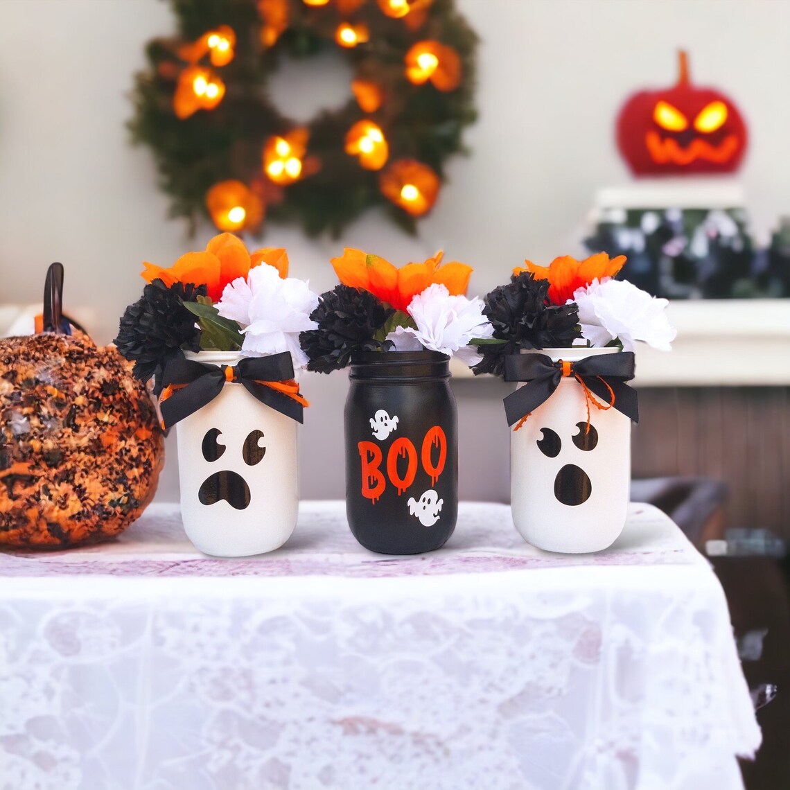 Halloween Decoration Ghost Mason Jars Set of 3 Home Office Decor - Etsy