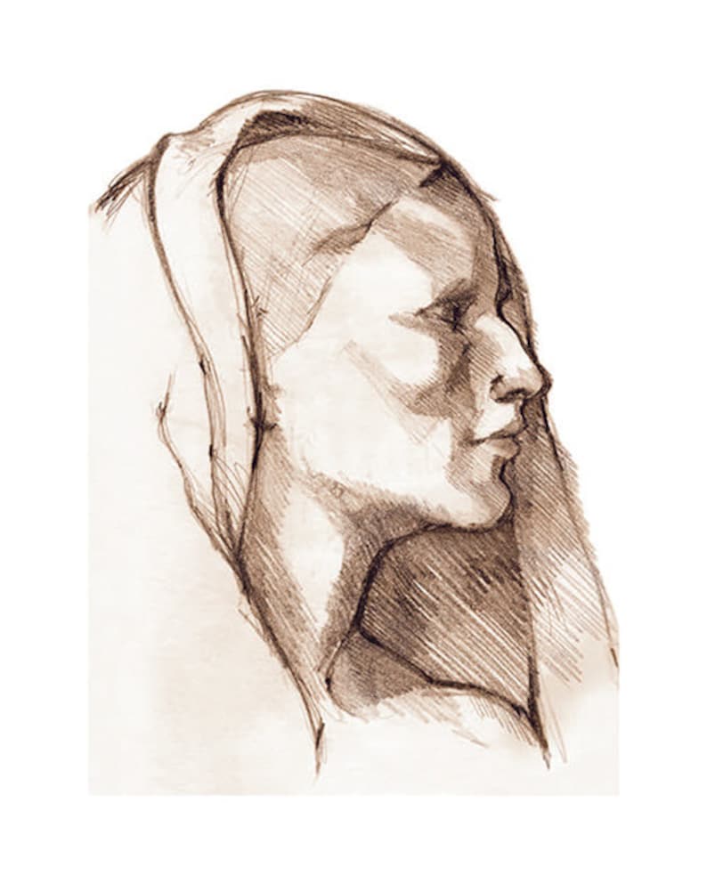 Veiled Woman Pencil Sketch Female Profile Drawing of Woman - Etsy
