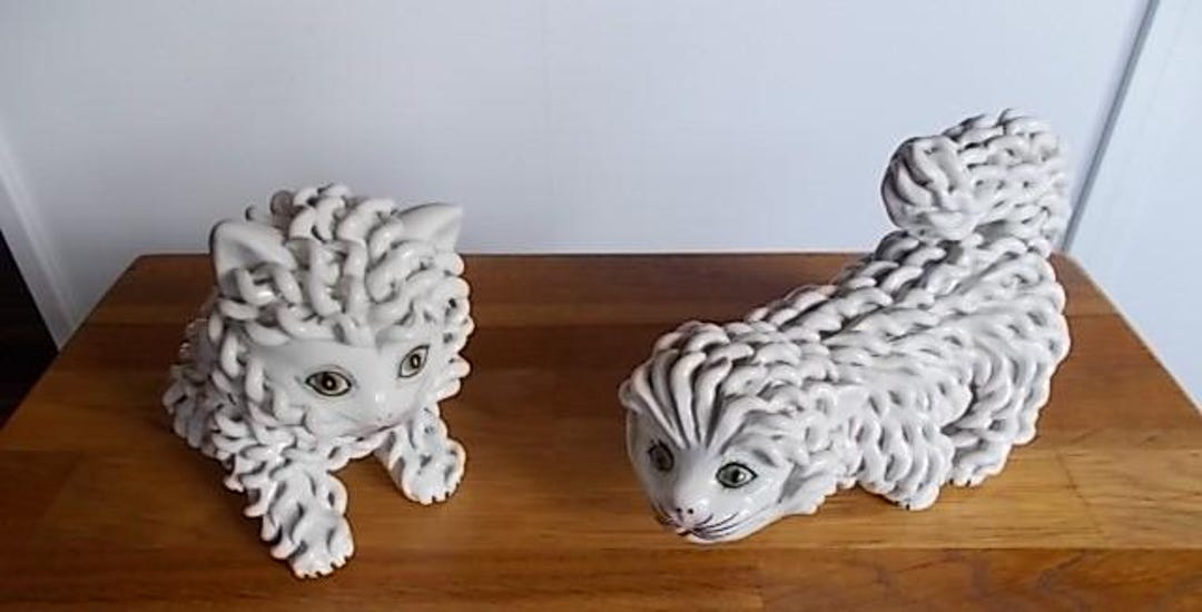 2 Vintage Lovely Italy Spaghetti Cats Animal Figurine Pottery Ceramic ...