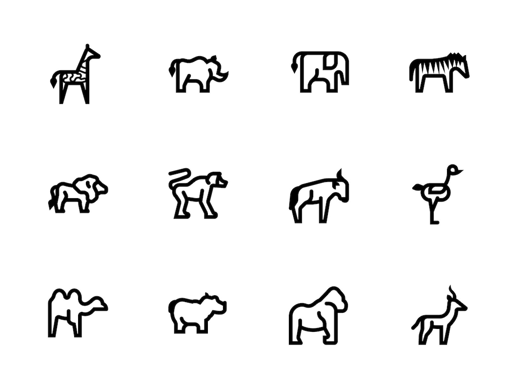 Safari Animals Icon Pack 12 Icons African Giraffe Rhino Hippo Elephant ...