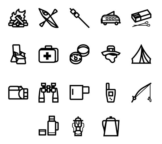 Camping Equipment Icon Pack 18 Icons. Gear. Outdoors. Kayak. - Etsy