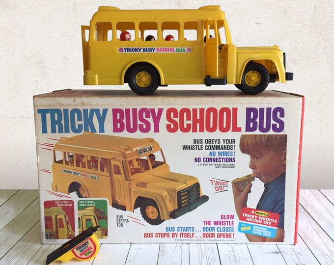 Vintage Tricky Busy School Bus With Whistle and Box, Remco Yellow ...