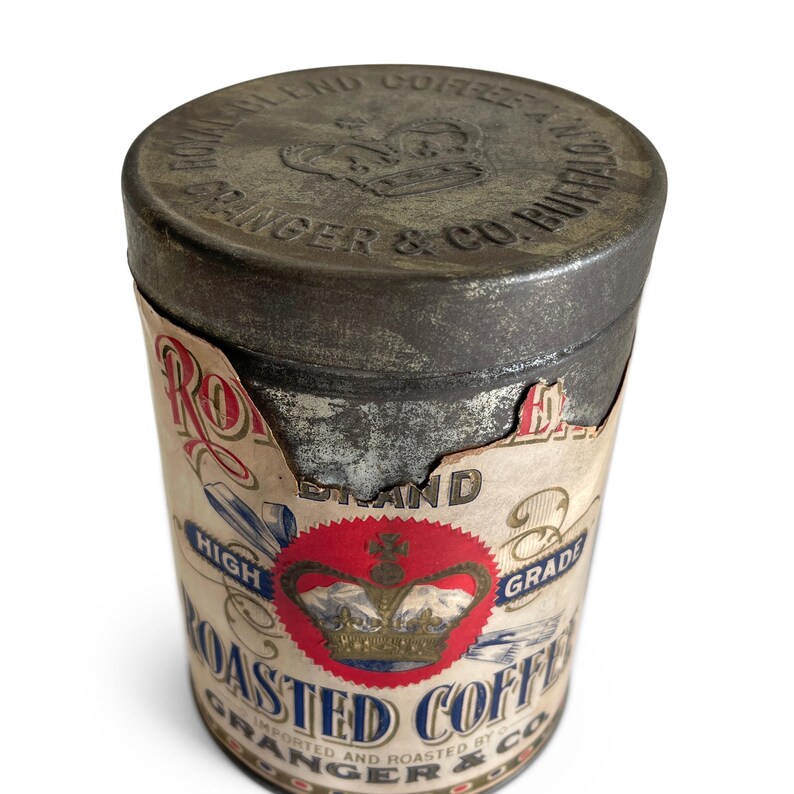 Vintage Royal Blend Coffee Tin: Granger Building Illustration on Paper ...
