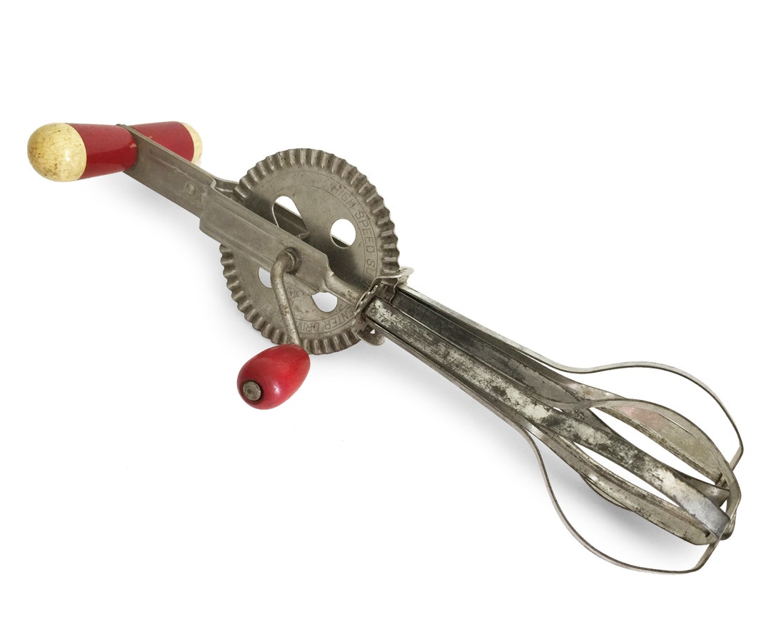 Vintage Egg Beater With Red and Yellow Handle, Ecko A&J Hand Mixer ...