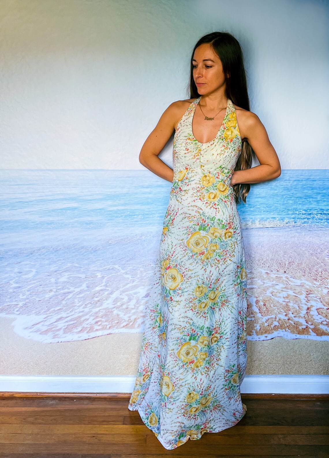 1970s Floral Maxi Dress Hippie Halter Dress Yellow Floral - Etsy