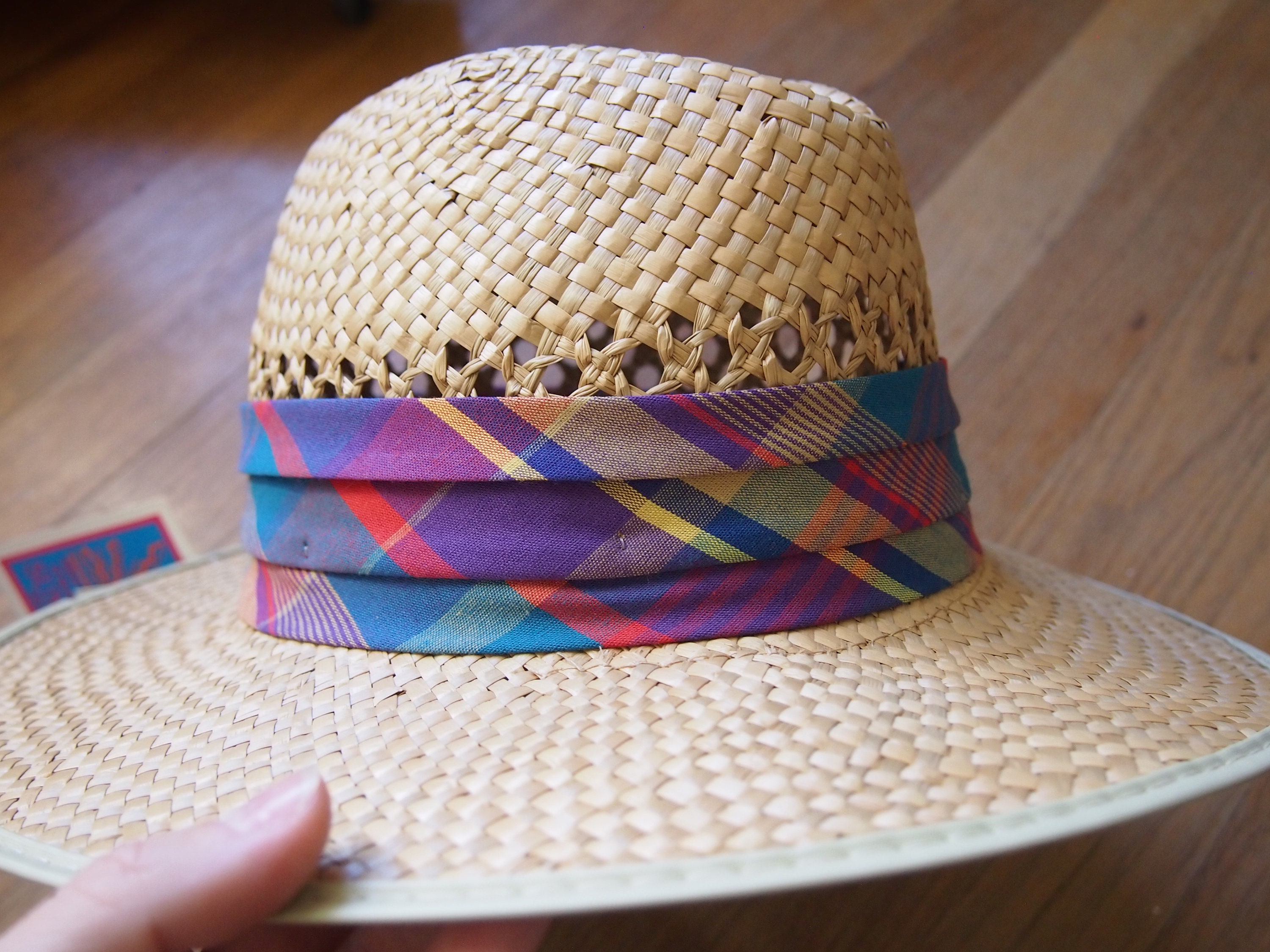 Vintage Straw Hat with Colorful Plaid Accent Beach Hate Sun | Etsy