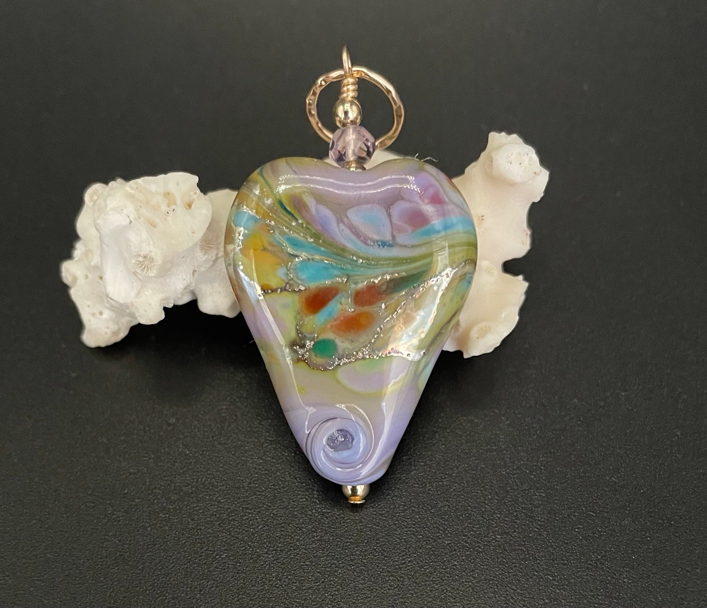 Lampwork Glass Heart Pendant, Purple Heart Pendant, Purple Glass Heart ...
