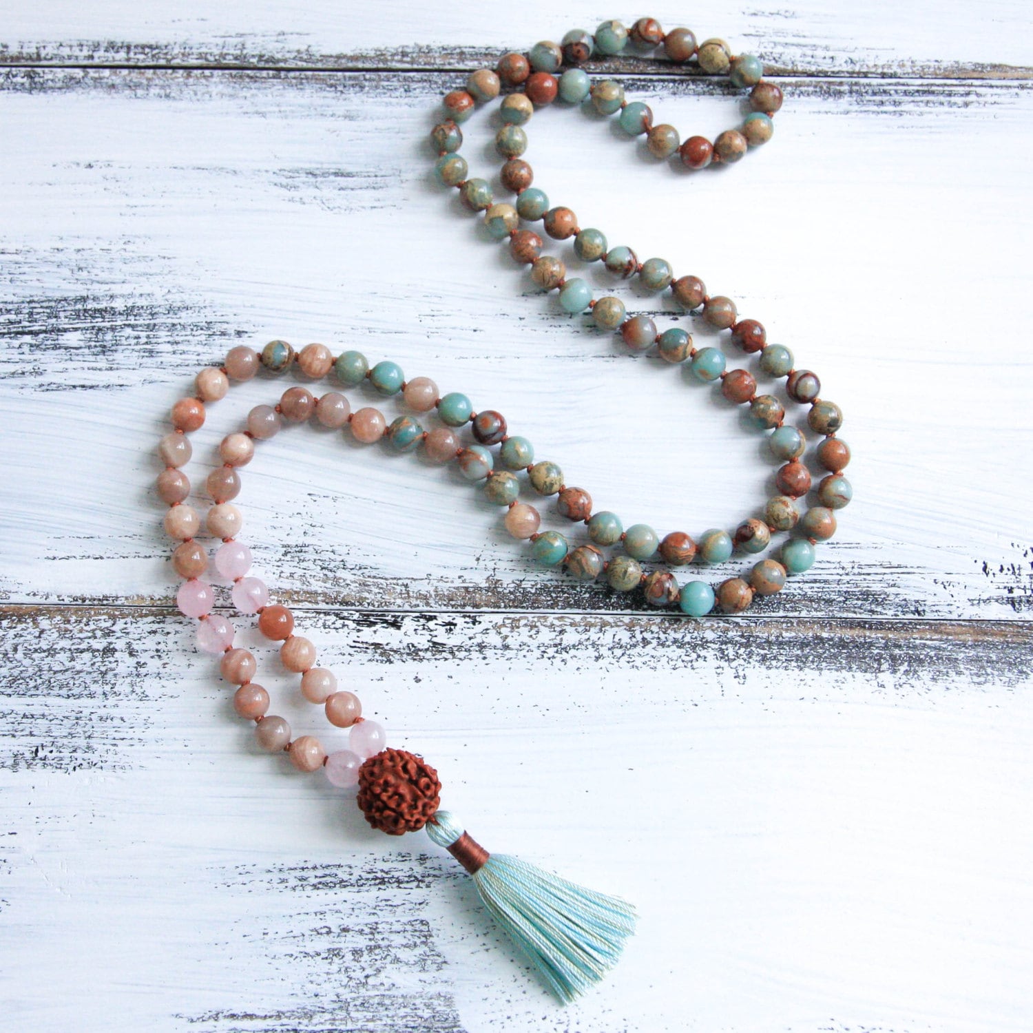 Mala Beads 108, Knotted Mala Necklace, Aqua Terra Jasper African Opal ...