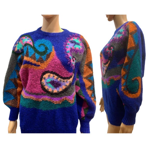 80s Bright Metallic Paisley Mohair & Angora Batwing S… - Gem