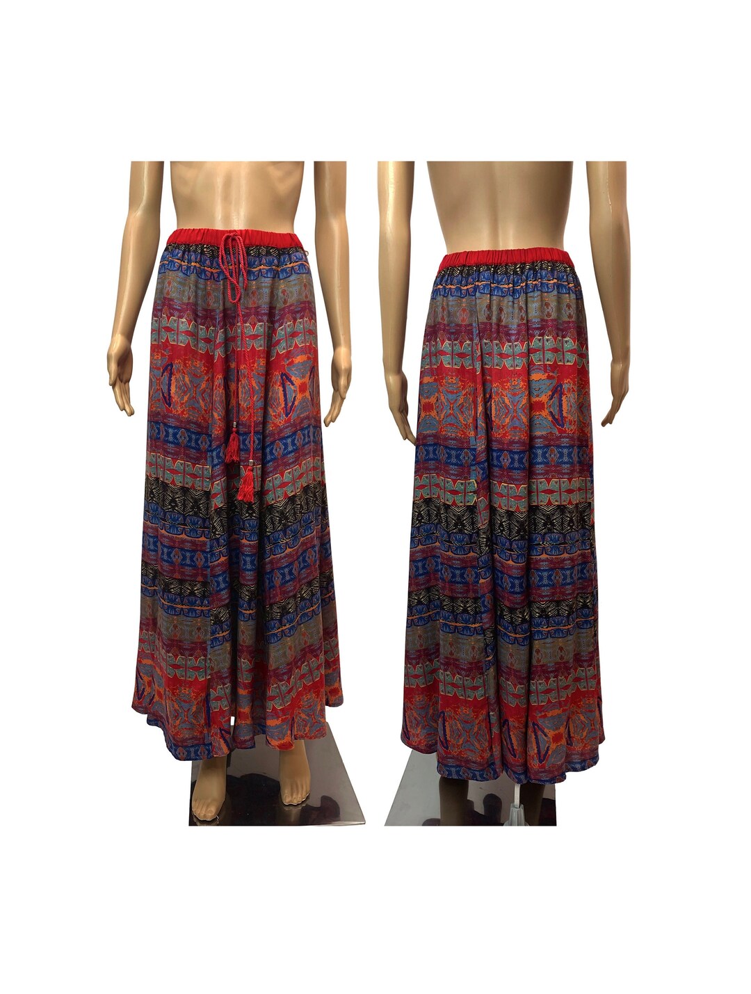 90s Y2K Bohemian Maxi Skirt Soft Rayon Block Print Batik Pattern Red ...