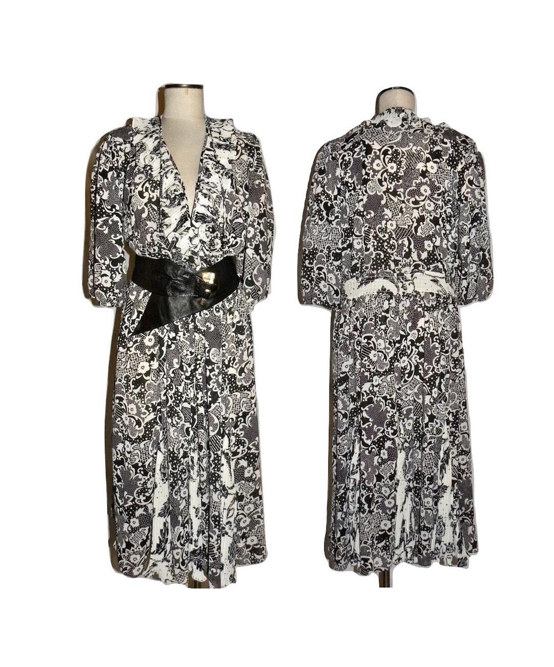 80s Susan Freis Georgette Graphic Print Midi Dress | Black & White | M/L - Etsy