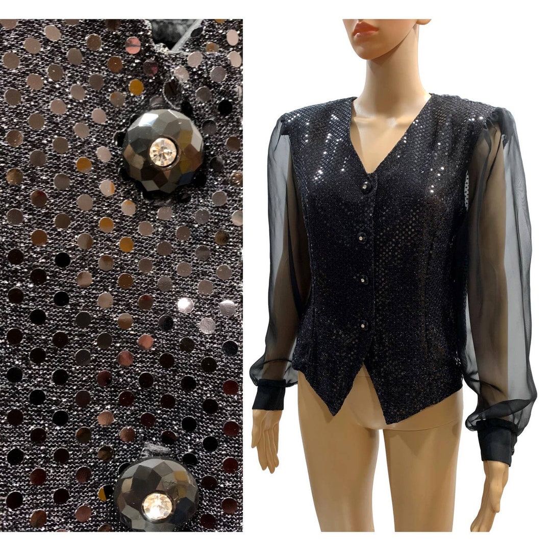 80s Black Sparkle Sheer Sleeve Tuxedo Evening Top Vintage M - Etsy