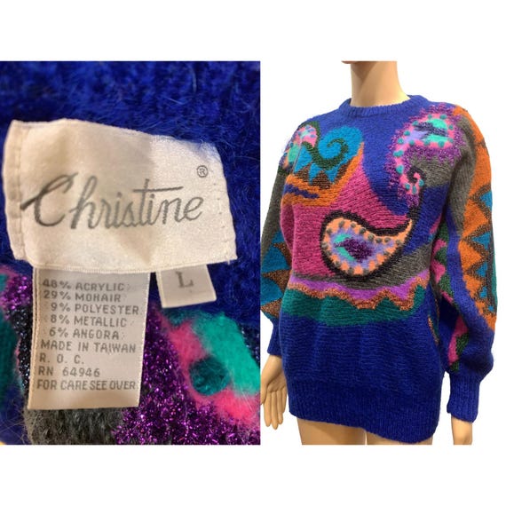 80s Bright Metallic Paisley Mohair & Angora Batwing S… - Gem