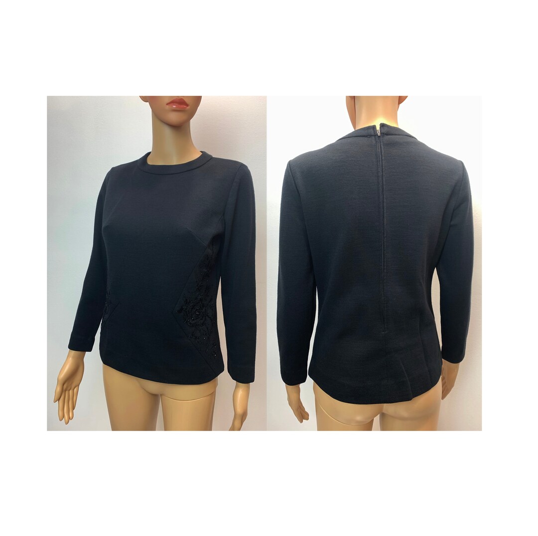 Vintage 60s Black Tight Fit Sweater Mod Embroidered PIN UP Bombshell ...