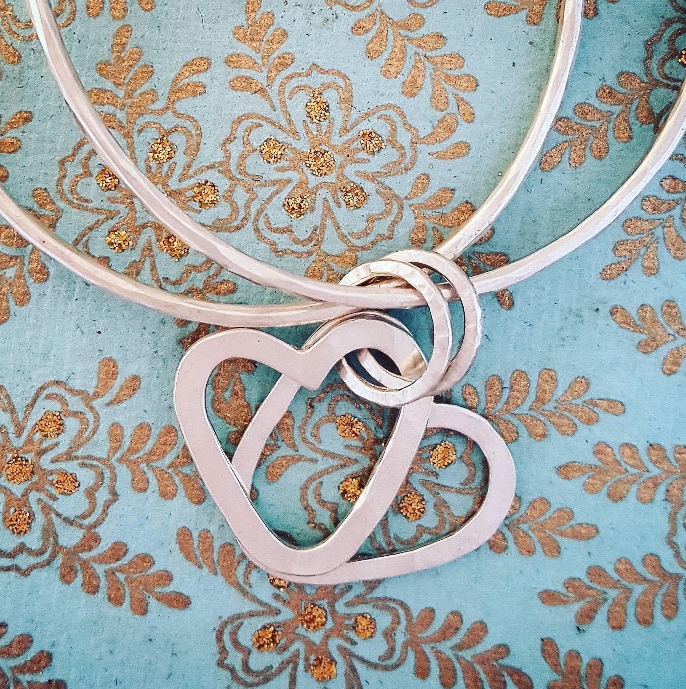 Two Silver Bangles With Two Hearts & Two Loops. Hearts Can Be ...