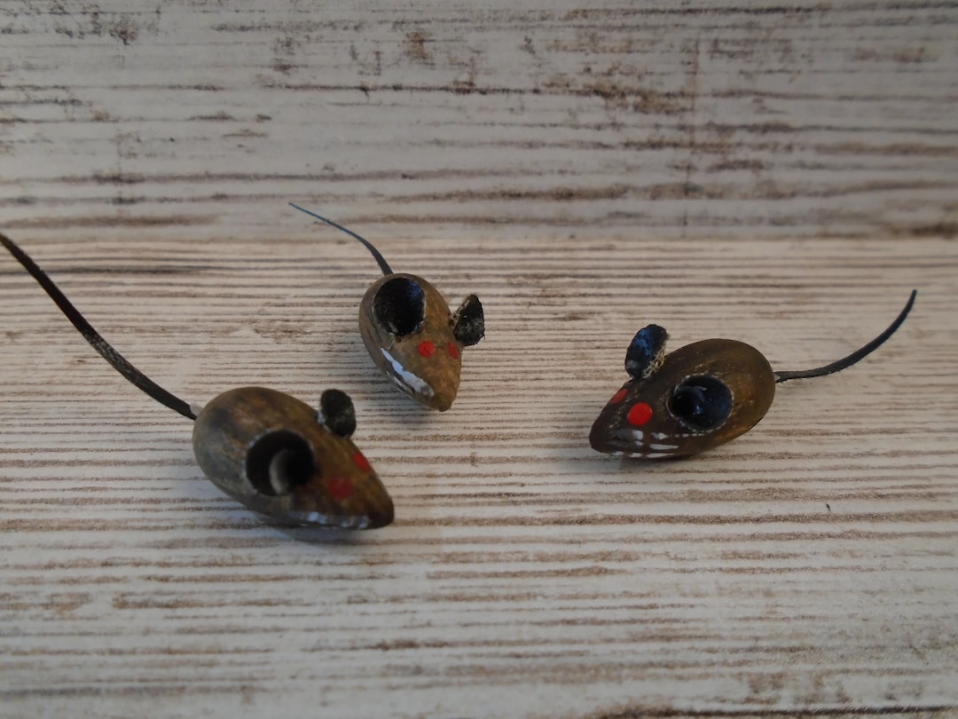 3 Micro Miniature Wood Mice Mouse Leather Ear Tail Animal Figure ...