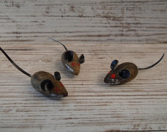 3 Miniature Wood Mice Mouse Leather Ear Tail Animal Figure Figurine ...
