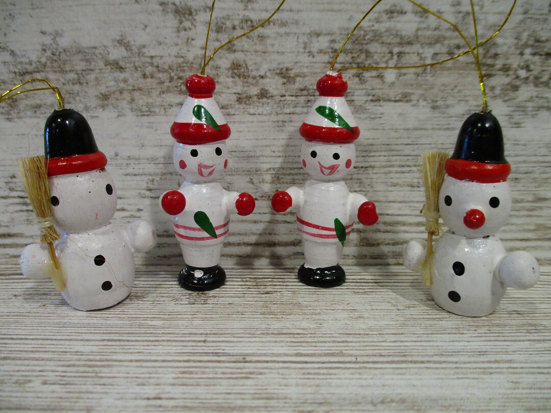 SALE 4 Vintage Miniature Snowman Christmas Ornaments Wood Figure Wooden ...