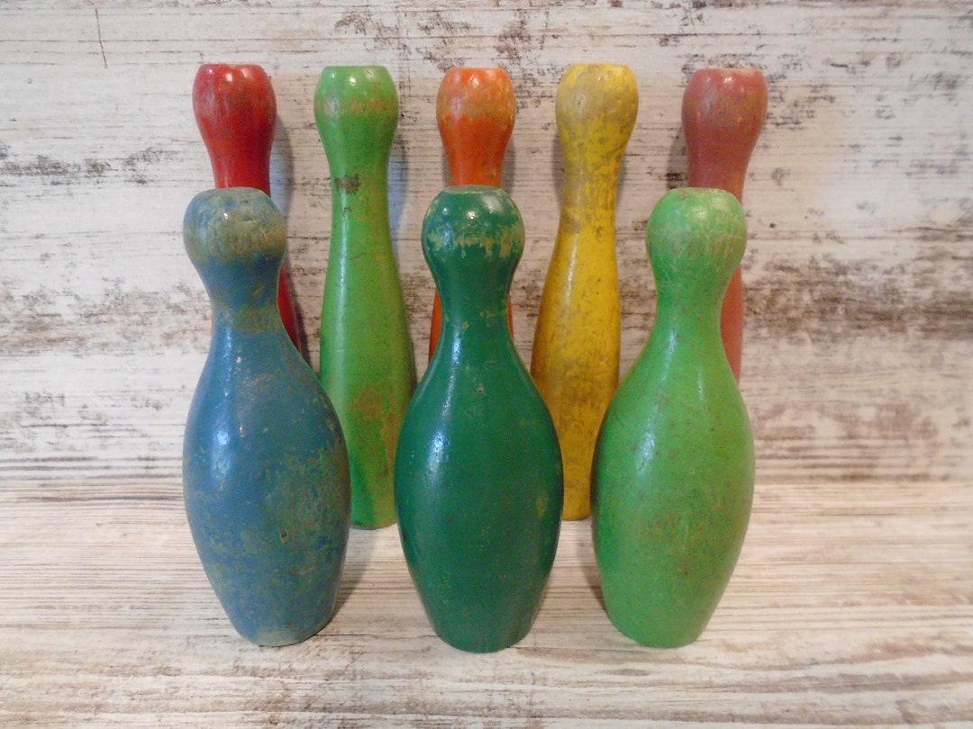 8 Miniature Wood Bowling Pins Colorful Colors Vintage Game Piece League ...