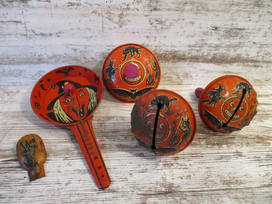 5 Vintage Halloween Noisemakers Clangers Snappers Bells Shakers Tin ...