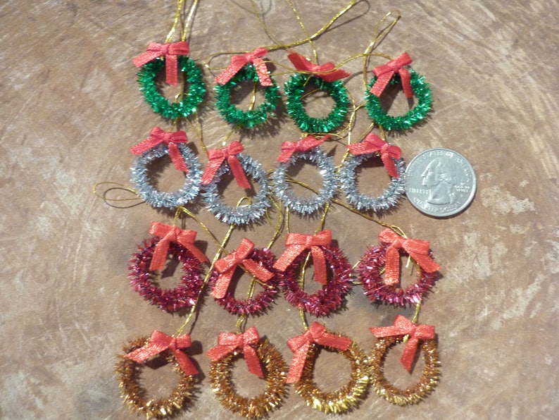 4 Miniature Wreaths, Vintage, Chenille, Tinsel, Christmas, Doll House ...