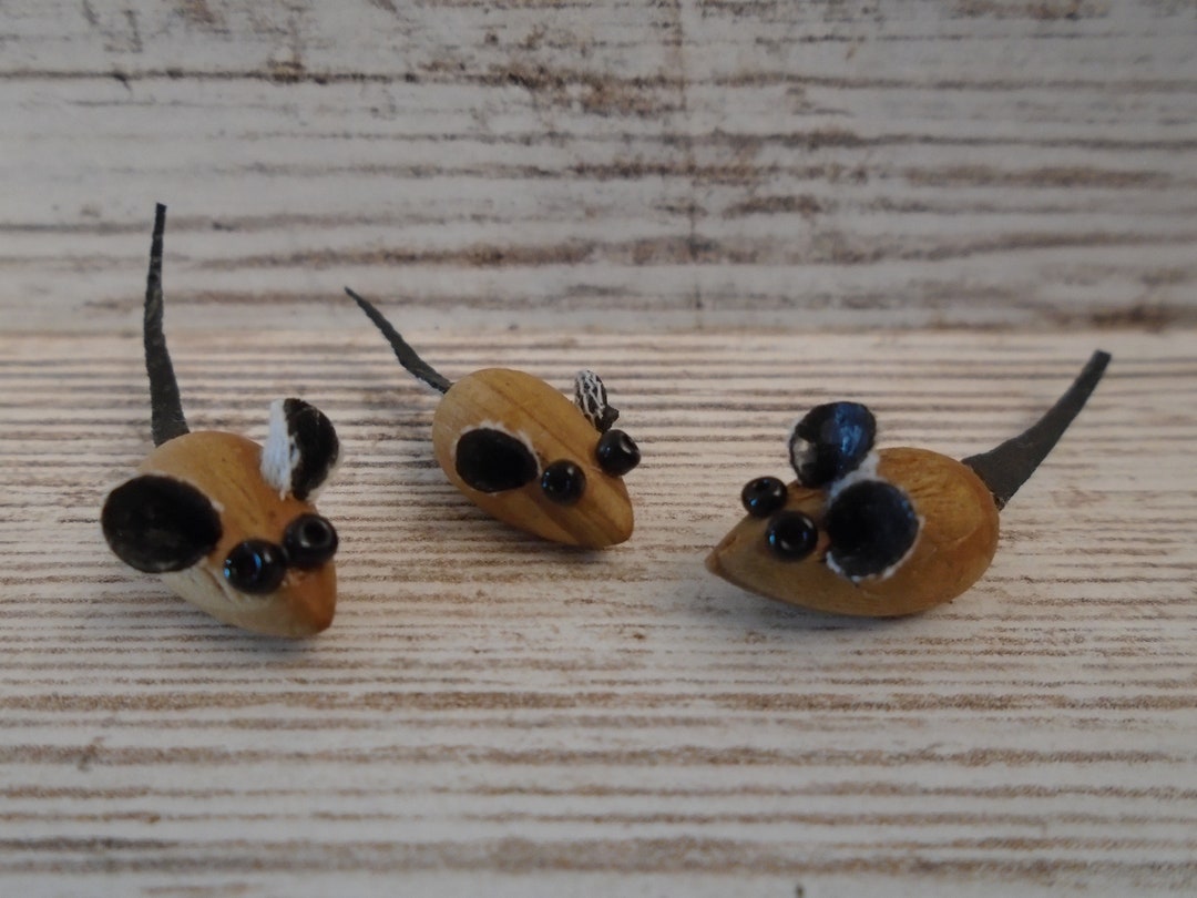 3 Micro Miniature Wood Mice Mouse Leather Ear Tail Animal Figure ...