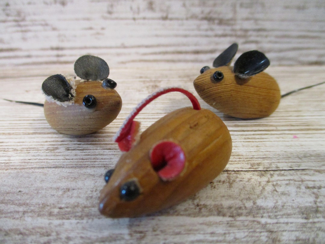 3 Miniature Wood Mice Mouse Leather Ear Tail Animal Figure Figurine ...