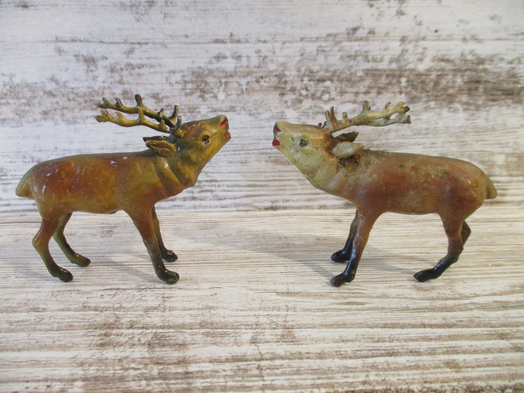 2 Miniature Deer Buck German Wood Composition Plaster Vintage Germany ...
