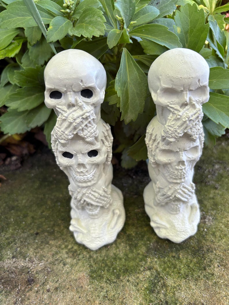 Cement Skull Statue, UNPAINTED: See, Hear, Speak No Evil - Goth ...