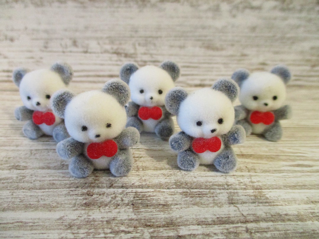 5 Miniature Flocked Bears Bow Tie Christmas Teddy Bear Figure Craft ...