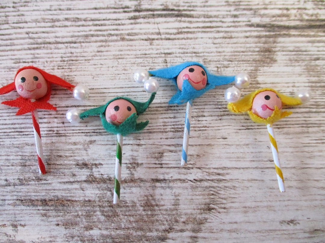 4 Vintage Miniature Pixies Elves Elf Jester Christmas Craft Ornament ...