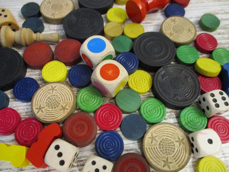 67 Vintage Wood Game Pieces: Dice, Pawns, Pegs, Chess, Poker Chips ...