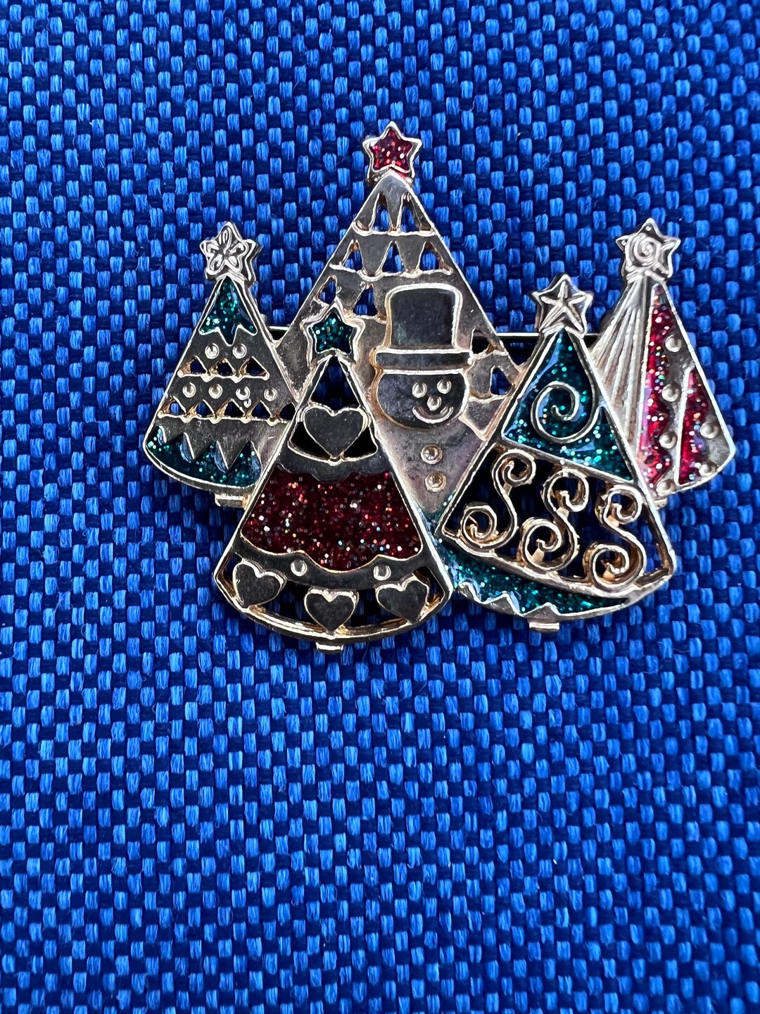 Vintage NEWPRO Christmas Tree Pin Brooch 5 Trees & Snowman Holiday ...