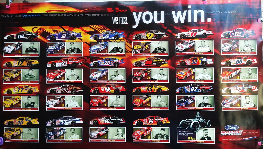 Ford Racing Poster 100 Yrs 2001 Race Team Taurus 23 Cars & Drivers ...