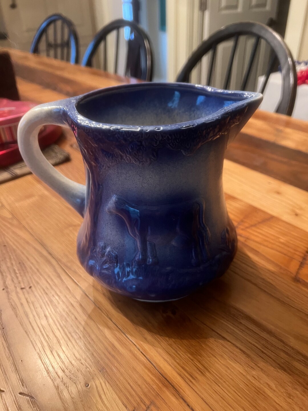 Vintage Pottery Salt Glaze Pitcher Blue White Cow Scene - Etsy