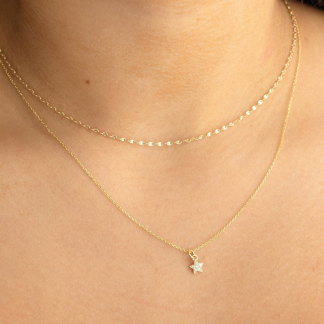 14k Solid Gold Tiny Diamond Star Necklace, Minimalist Gold Diamond Star ...
