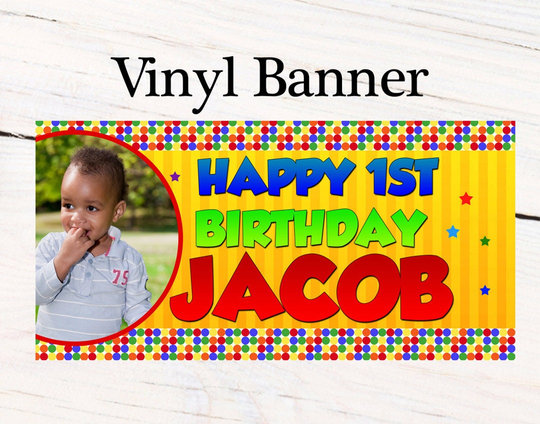 First Birthday Personalized Banner, Photo Cake Table Banner, Colorful ...